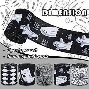 AnyDesign 30 Yards Halloween Wired Edge Ribbon 5 Roll Spooky Boo Ghost Spider Wed Checks Decorative Ribbon Black White Halloween Craft Fabric Ribbon for Wreath Bow Making DIY Gift Wrapping Supplies
