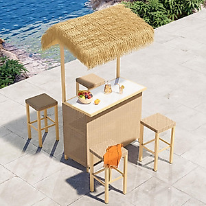 Grand patio Outdoor Tiki Bar Set with Widen Ceramic Top (42" W), Phuket 5-Piece Wicker Islander Tiki Bar and 4 Stools Storage for Garden, Natural