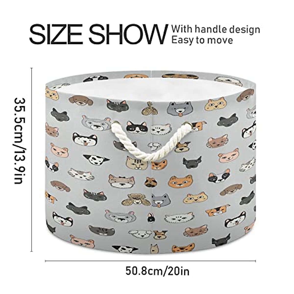 xigua Cat Dog Doodle Round Storage Basket Collapse Canvas Fabric Storage Bin with Cotton Handles for Organizing Home/Kitchen/Nursery/Office/Toy
