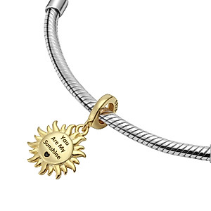 You Are My Sunshine Gold Sun 925 Sterling Silver Charm Bead For Pandora & Similar Charm Bracelets or Necklaces