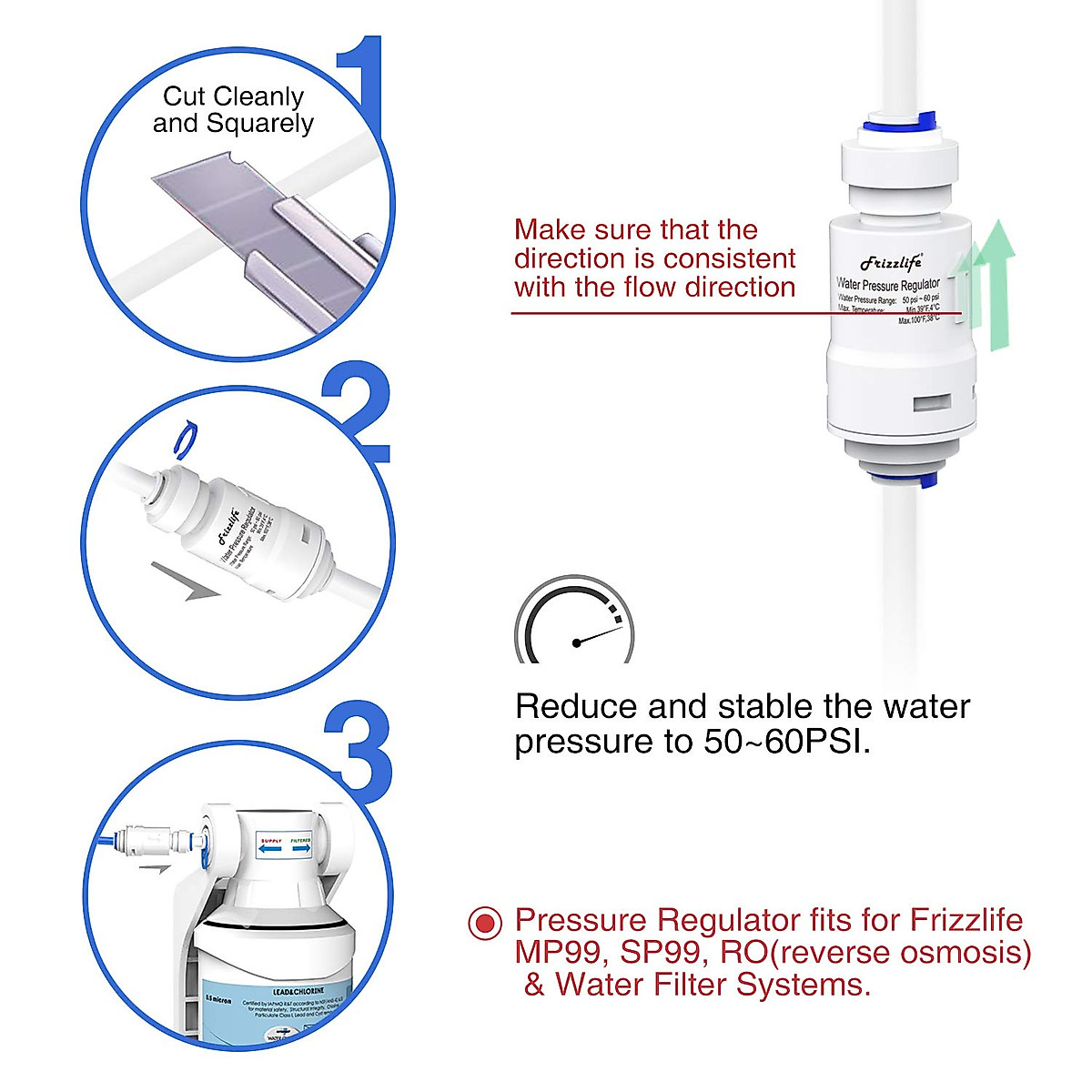 Frizzlife Water Filter Pressure Regulator Protection Valve For Reverse Osmosis & Water Filter System, 60PSI, 1/4” Quick Connect Push Fit, PRV01