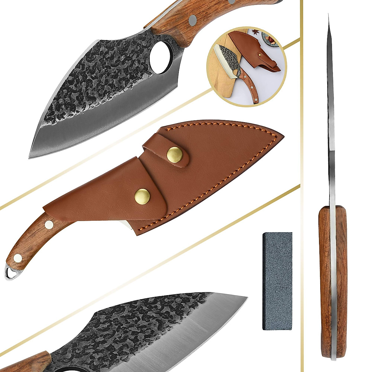 XYJ 6 inch Boning Knife Full Tang Handmade Forging Carving Knife 4Cr13 Stainless Steel Blade with Soft Leather Sleeves for Carrying Out