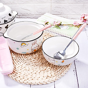 BOSILI Ceramic Ramen Bowl with Lid Cut Instant Noodle Bowl Porcelain Soup Bowl with Spoon and Chopsticks Microwave Ramen Pot Bowl Salad bowl Snack Bowl with Handle (Bunny)