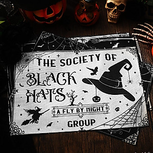 Umigy 6 Pcs Halloween Placemats 12"x18" Gothic Bat Placemats Kitchen Decoration Washable Witch Placemats Rectangle Skull Table Mats for Halloween Dining Table Accessories (Black White Character Style)