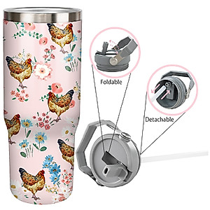 30oz Chicken Tumbler with Handle and Straw, Pink Chicken Stainless Steel Vacuum Insulated Flip Straw Coffee Cups Spill Proof Travel Mug, Chicken Rooster Decor Stuff Gifts for Women Chicken Lover