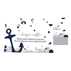Paper Clever Party Nautical Diaper Raffle Tickets (25 Pack) Boys Baby Shower Games - Invitation Insert - Fill-In Cards for Prize Drawing Activity - Navy and Silver - 2x4 Size Set