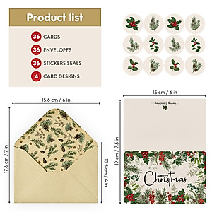 Artoid Mode 36 Pack Merry Christmas Thank You Cards Plant Holly Greeting Cards Gift With Envelope Sticker Blank Note Cards for Birthday Wedding Baby Shower Bridal Shower, 4 x 6 Inch