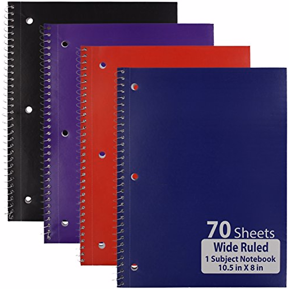 Emraw Single Subject Notebook Spiral with 70 Sheets of Wide Ruled White Paper - Set Includes: Red, Black, Purple, & Blue Covers (4 Pack)
