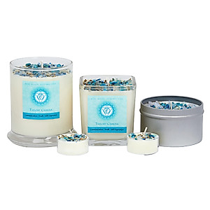 Throat Chakra Candle by New Moon Beginnings - Chakra Candles - Dried Flower, Herb, & Crystal Candles - Aromatherapy Candles - Soy Candle - 8oz Tin