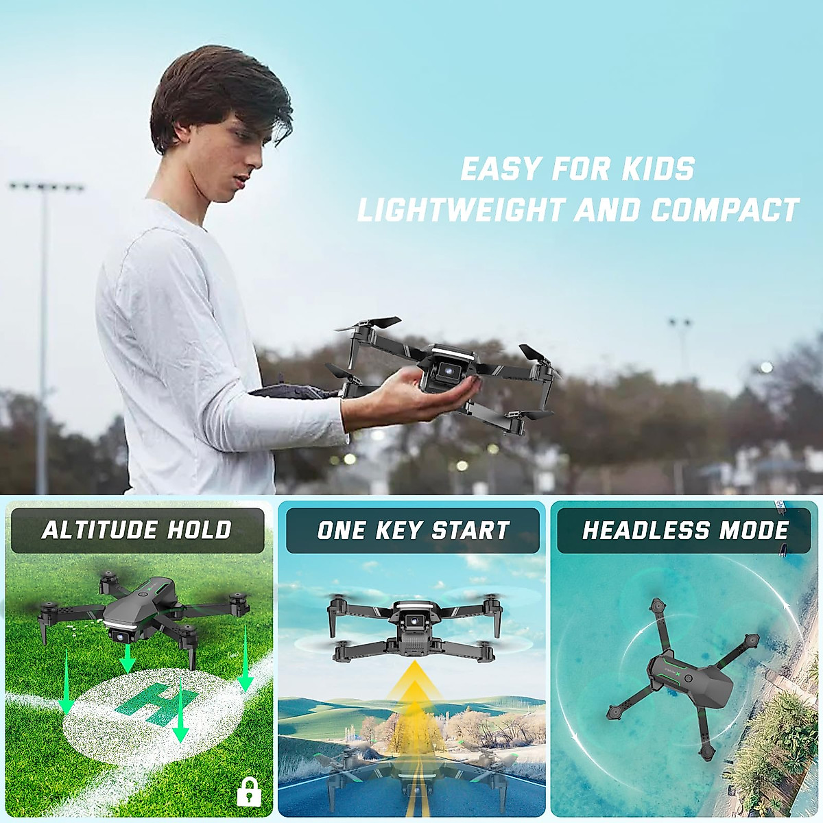 Heygelo S80 Drone with Camera for Adults, Foldable 1080P HD Mini Drones for Kids Beginners, Remote Control Helicopter Boys Toys/Gift with FPV Live Video, Full Guards, One Key Start, 2 Batteries