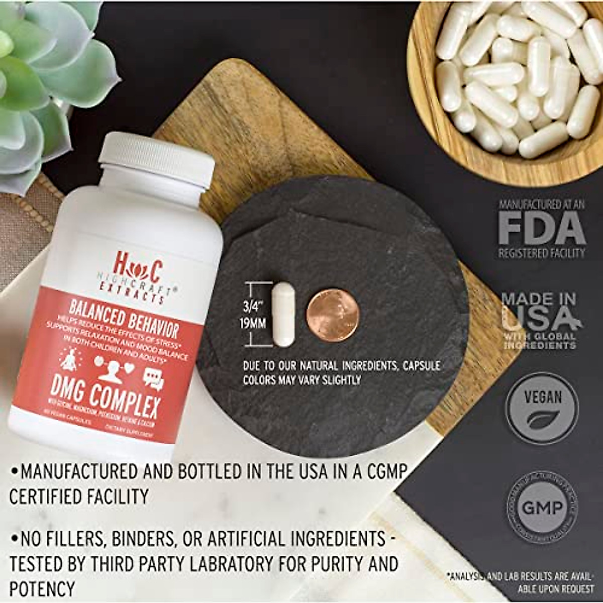 HighCraft Extracts DMG Supplement - Balanced Behavior - Calm, Reduces Irritability, restlessness, soothes Mood Changes - Magnesium, Potassium, Betaine, Dimethylglycine, Calcium Gluconate, Glycine