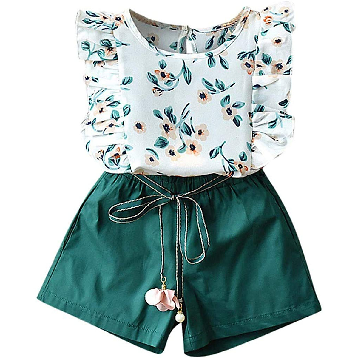 Guodeunh Baby Toddler Girls Summer Outfits Kids Flower Print T-Shirt Sleeveless Top Belt Shorts Pants Set(Green,6-7Years)