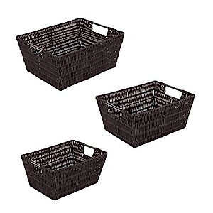 Simplify 3 Pack Set Woven Baskets with Handles, for Storage, Blankets, Toys, Books, Ideal for Home, Office, Dorm, Playroom, Closet, in Chocolate 3 Piece Rattan Tote