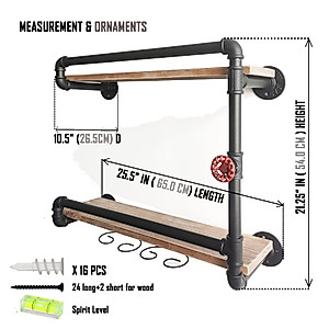 BSTGIFTS Wall Mounted Wine Rack - Wine Bottle Glass Holder - Industrial Pipe Floating Shelves - 2-Tiers Wood Shelf, Storage Shelves