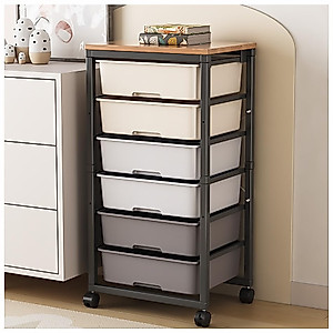 TOOLF Rolling Storage Cart with 6 Drawers, Wooden Tabletop, Easy Movement, Large Capacity, Durable Construction & Colorful Style in Black Bar