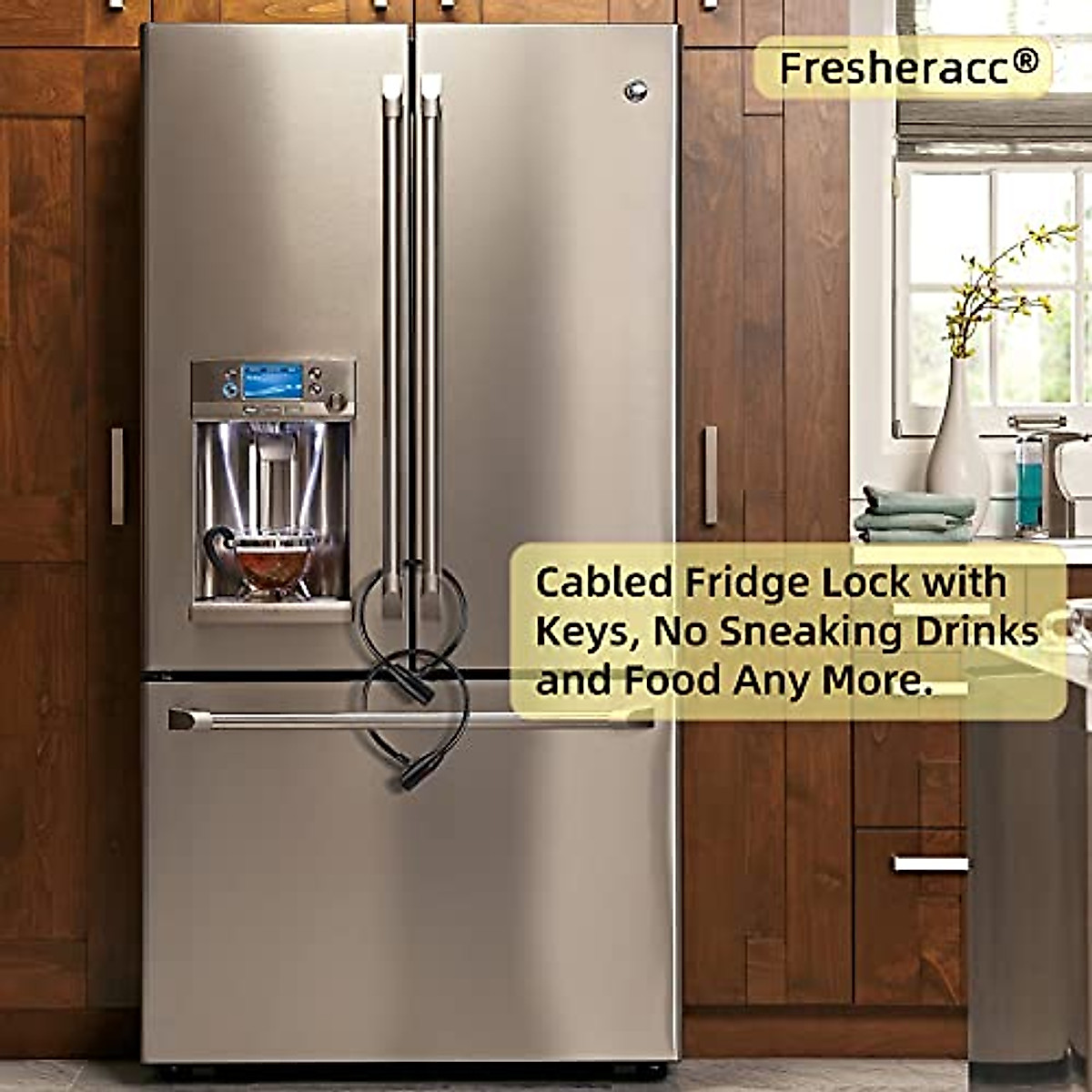 Fridge Cabinet Door Lock with Keys, Fresheracc Refrigerator Latch Baby Child Kids Proof Safety Cable Locks for French Doors Kitchen Bathroom RV No Drill No Screw Adhesive (2 Pack, Black)