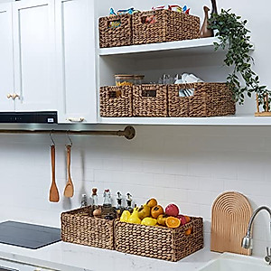 BLUEWEST Woven Baskets for Storage (Set of 4), 15.2" x 11.8" Natural Wicker Hyacinth Storage Basket with Firm Built-in Handles, Multifunction Handwoven Basket for Organizing Kitchen/Bathroom/Laundry Room/Wardrobe/Living Room