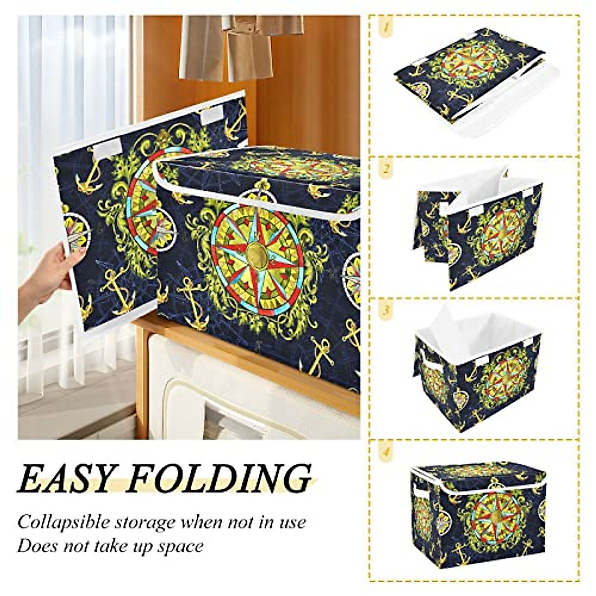 innewgogo Nautical Compass Anchor Storage Bins with Lids for Organizing Organizer Basket with Lid with Handles Oxford Cloth Storage Cube Box for Cat Toys