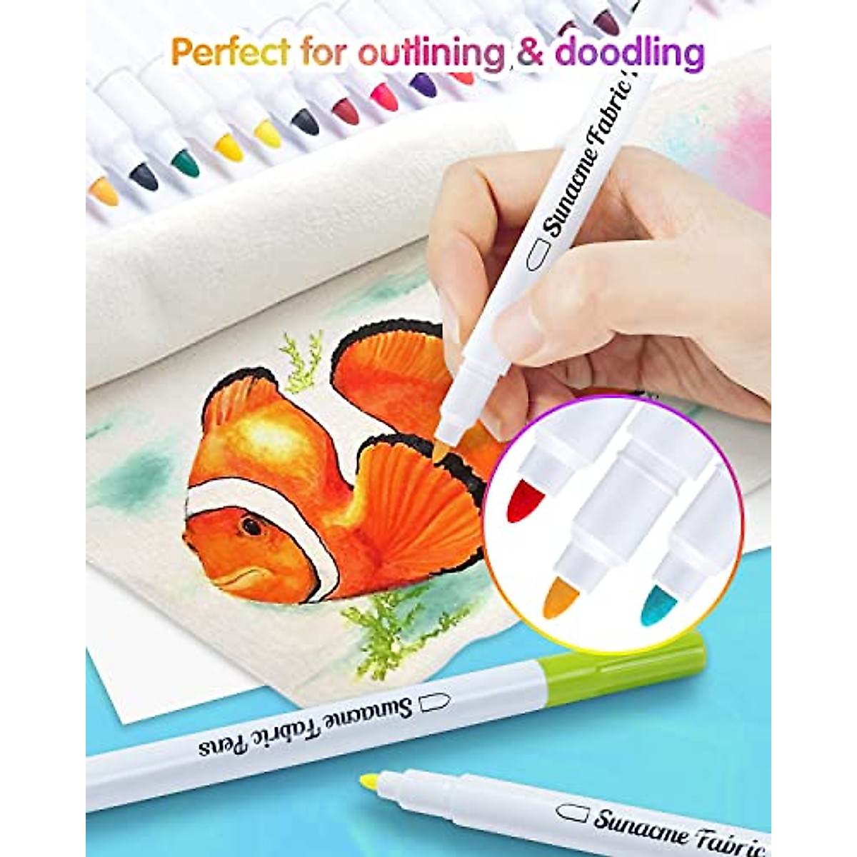 sunacme Fabric Markers Pen, 32 Colors Permanent Fabric Paint Pens Art Markers Set - Fine Tip, Child Safe & Non- Toxic for Canvas, Bags, T-Shirts, Sneakers