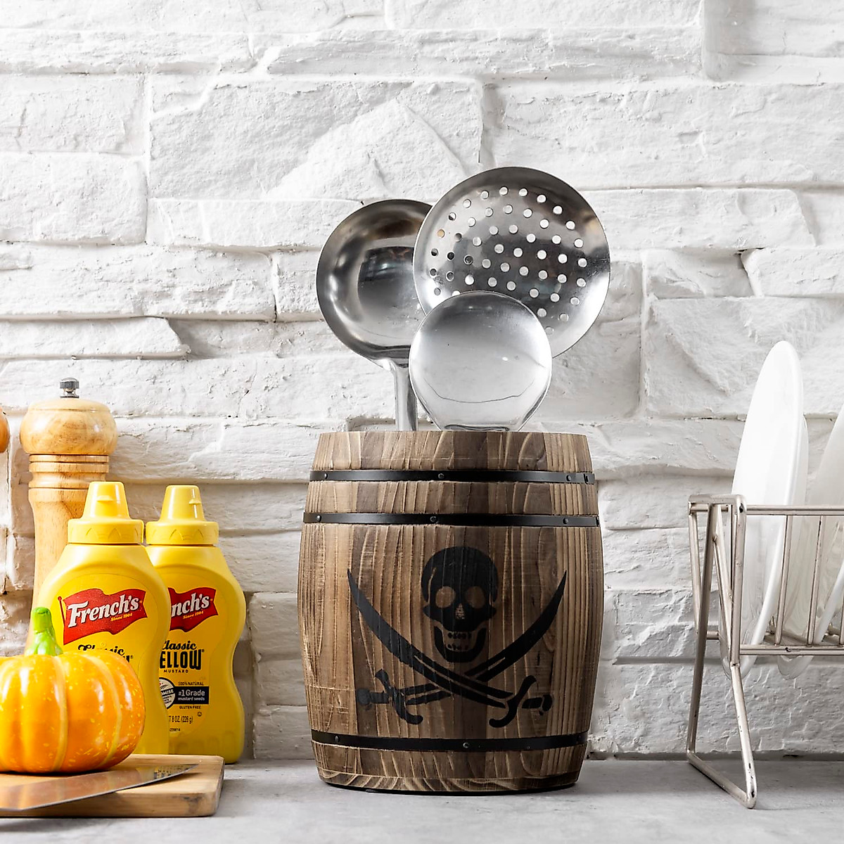 MyGift Rustic Burnt Wood Pirates Rum Cask Style Kitchen Utensil Crock, Vintage French Wine Barrel Cooking Tools Holder with Skull and Cutlass Sword Design