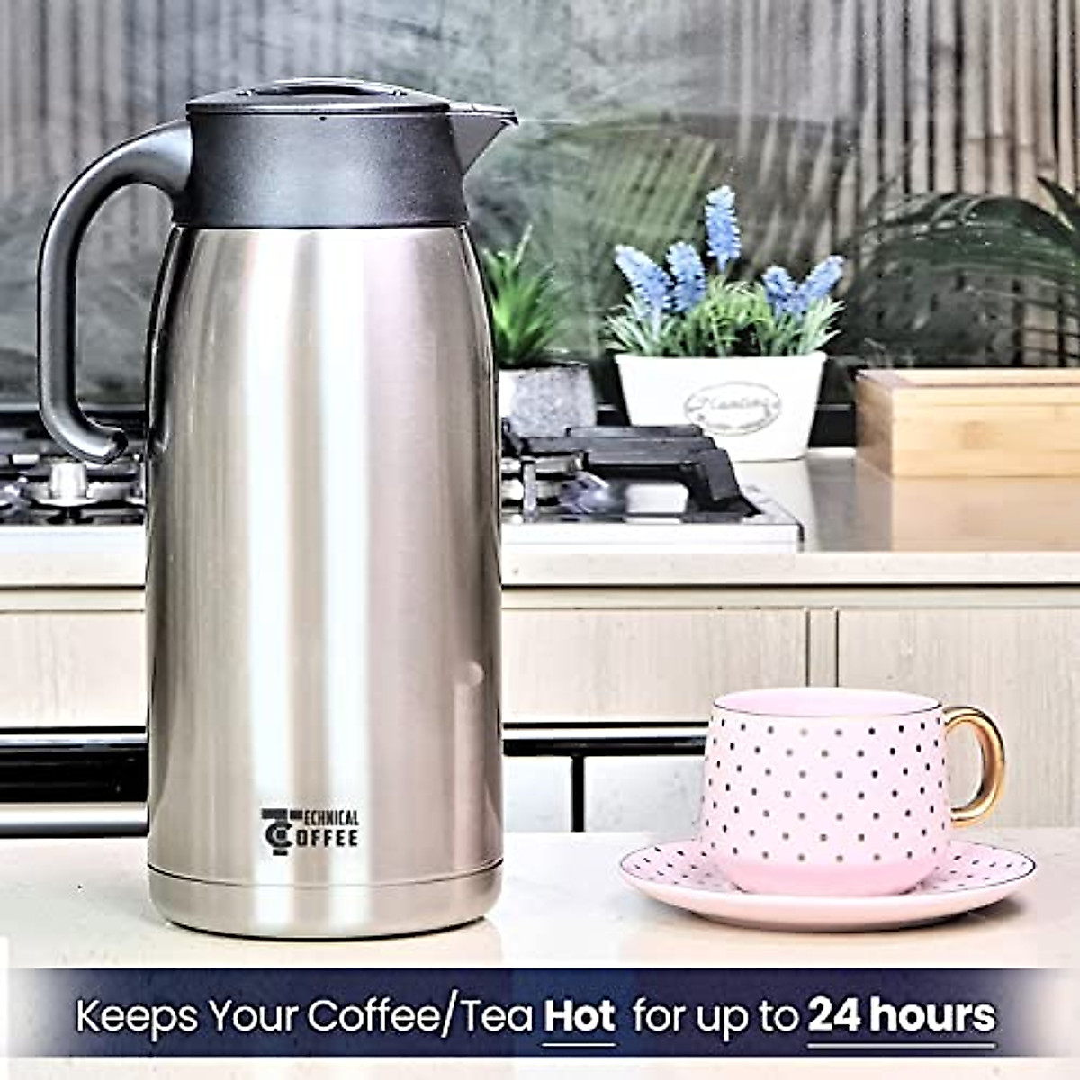 Coffee carafe & Tea carafe in one. 68oz 12hr heat retention ideal for coffee carafes for keeping hot, 24hr cold retention. Thermal Stainless Steel double walled insulated carafe. Infuser & Brush Incld
