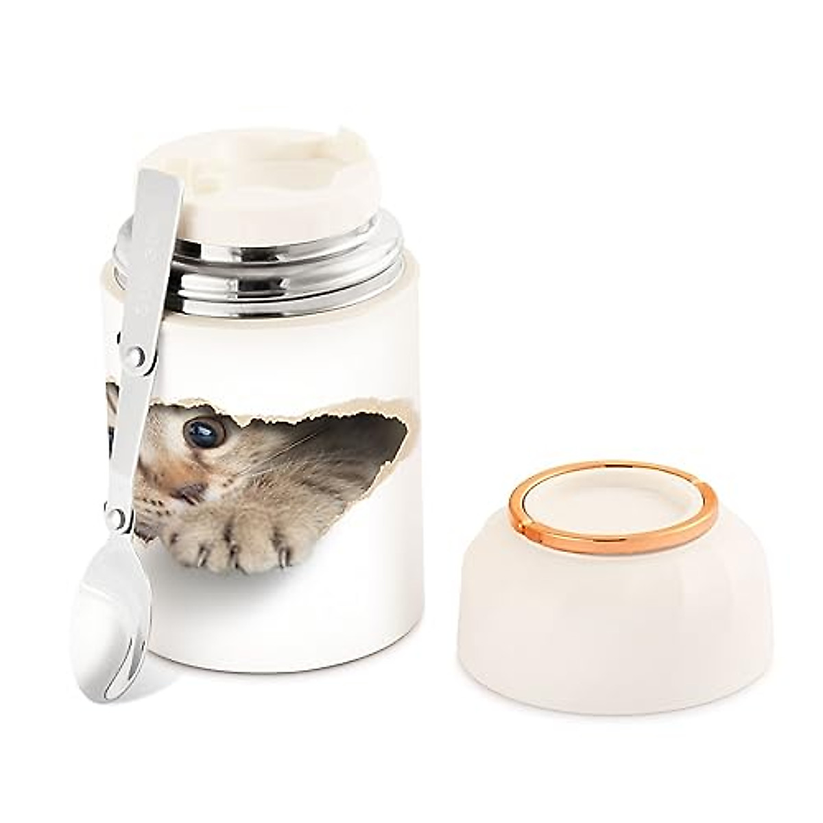 CUPADA Cat Torn Paper Food Jar, Funny 3d Insulated Hot Food Jars Vacuum 17OZ with Folding Spoon for Work Trip Picnic Camping