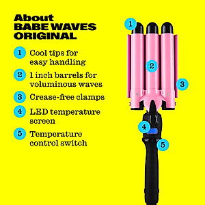 Trademark Beauty Three Barrel Hair Waver, Curling Iron, 1 Inch, Beach Waves, Quick Heat, Babe Waves Original, Adjustable Temperature Hair Curler - Pink