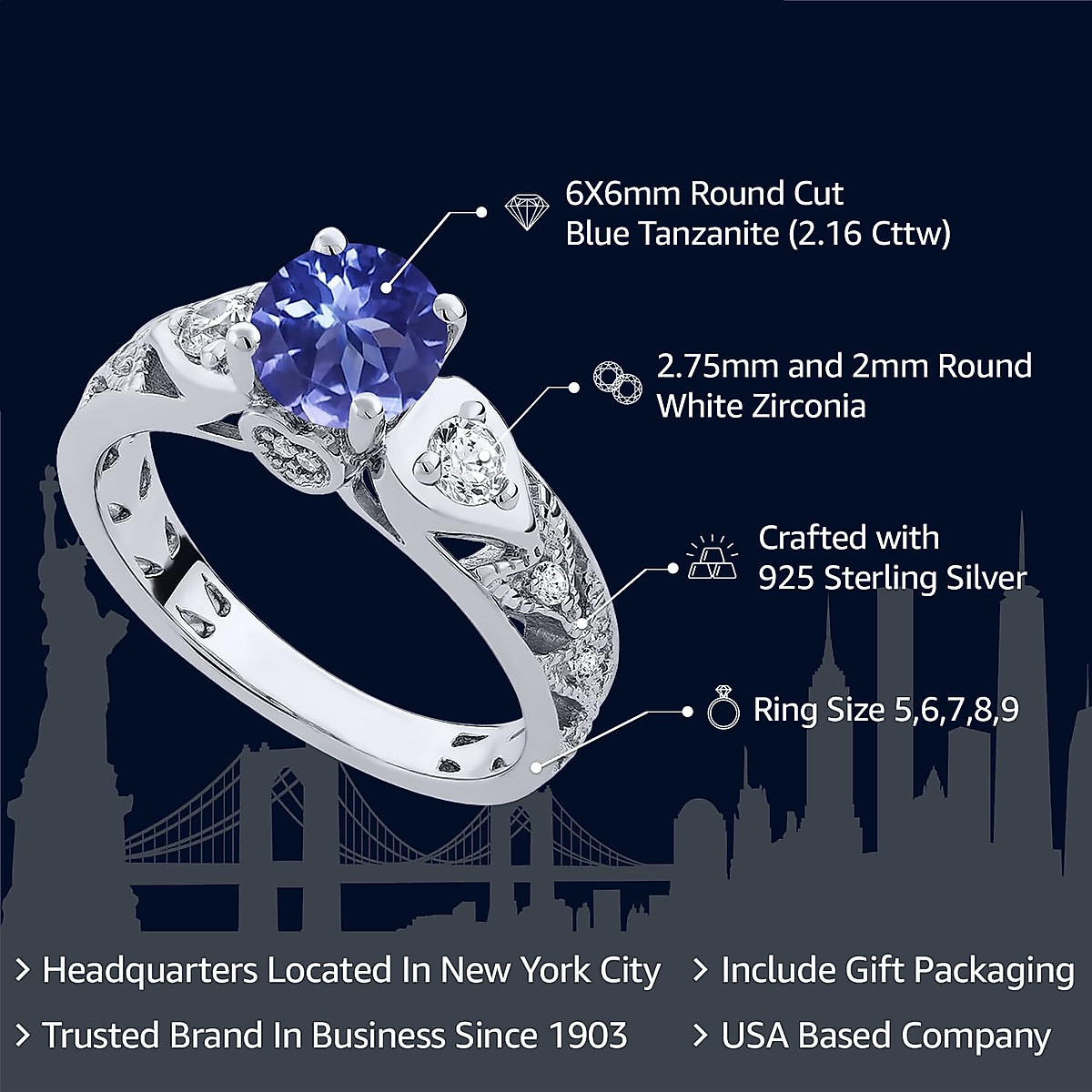 Gem Stone King 925 Sterling Silver Blue Tanzanite Engagement Ring For Women (2.16 Cttw, Round Cut 6MM, Gemstone Birthstone, Available In Size 5, 6, 7, 8, 9)