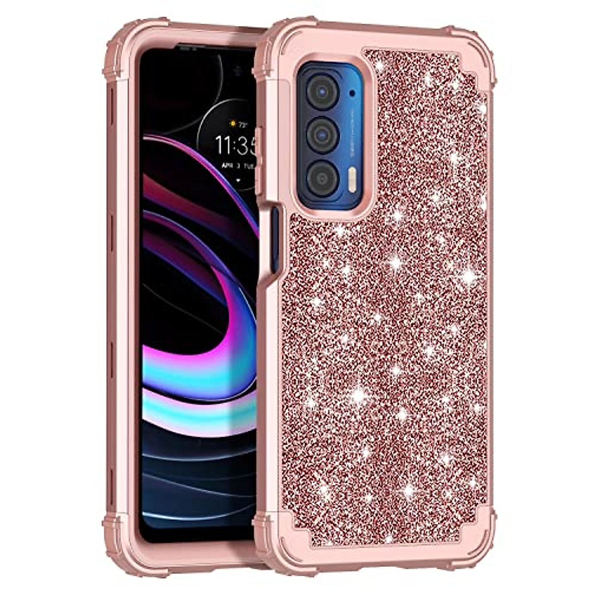 LONTECT Moto Edge 2021 Case, 5G UW Sparkly Glitter Shockproof Hybrid Protective Cover - Shiny Rose Gold