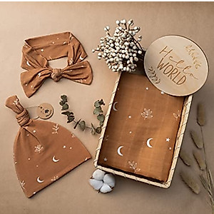 Miaoberry 100% Organic Cotton Baby Muslin Swaddle Blanket Set| Burnt Orange Boho Moon| Gender Neutral for Boys Girls|Moon Leaf| Hospital Newborn Receiving Blanket |Newborn Unisex