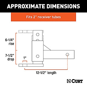 CURT 45812 Adjustable Trailer Hitch Mount, Fits 2-Inch Receiver, 7-1/2-Inch Drop, 1-Inch Hole, 5,000 lbs, GLOSS BLACK POWDER COAT
