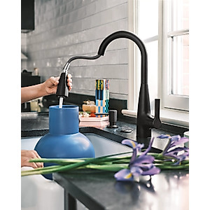Moen Haelyn Matte Black Single-Handle Pull-Down Sprayer Kitchen Faucet Featuring Power Boost for a Faster Clean, Soap Dispenser Included, 87627BL