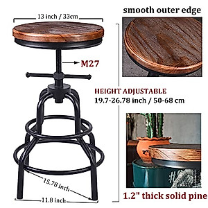 LOKKHAN Vintage Industrial Bar Stool-Rustic Swivel Bar Stool-Round Wood Metal Stool-Kitchen Counter Height Adjustable Pipe Stool-Cast Steel Stool 20-27 Inch (Set of 2)