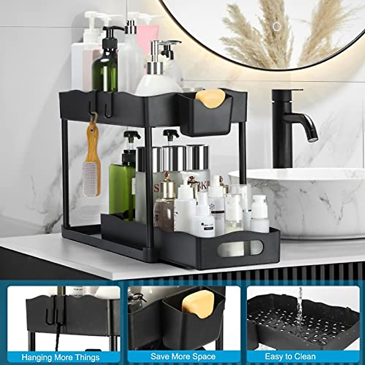 Under Sink Organizer, 2-Tier Sliding Under Sink Organizers and Storage Black, Multi-purpose Under Cabinet Storage for Kitchen Bathroom with Hooks, Hanging Cup, 2 pack