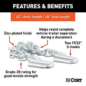 CURT 80301 48-Inch Trailer Safety Chain with 17/32-In S-Hooks, 7,000 lbs Break Strength