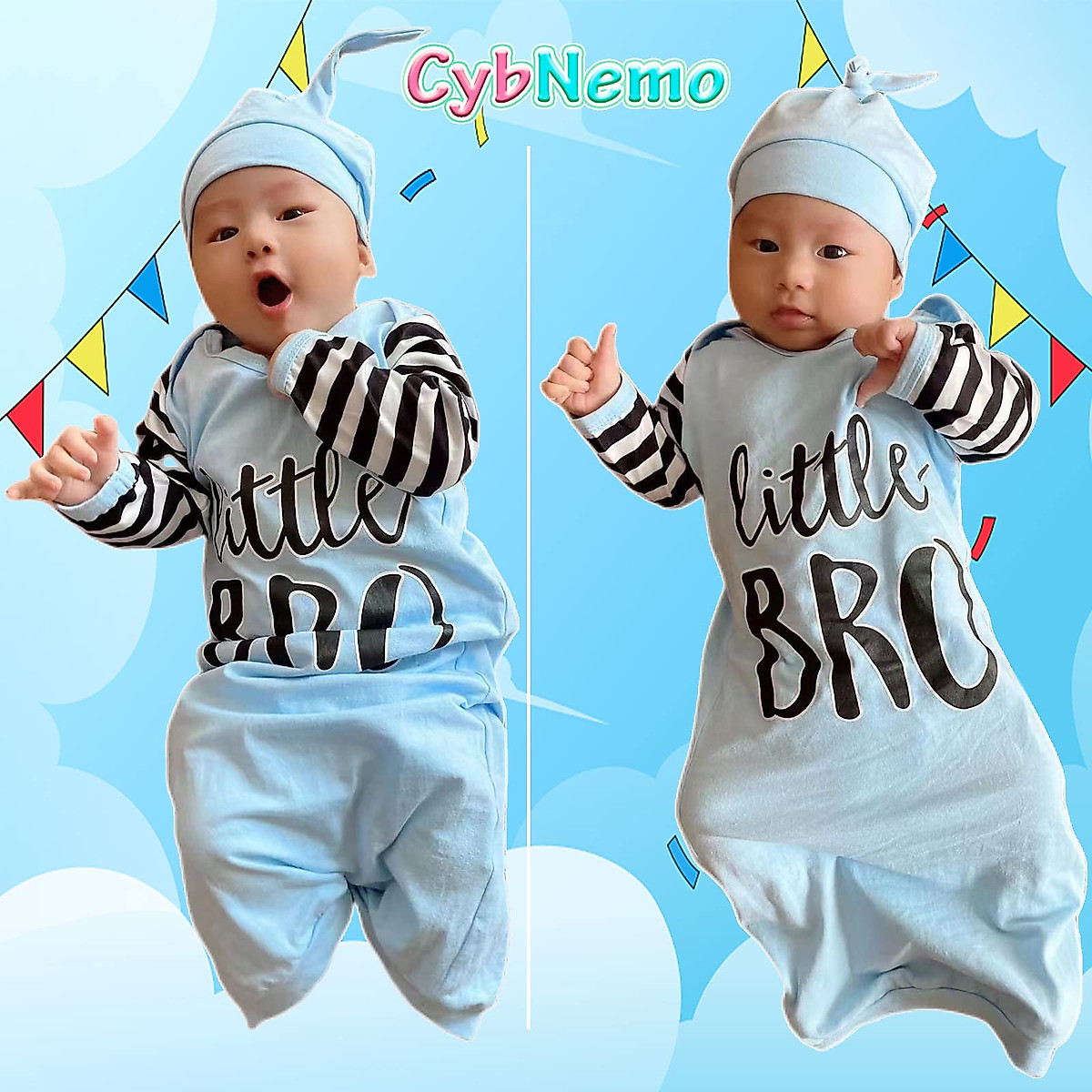 CybNemo Newborn Baby Boy Sleeper Gift Set Little Bro Nightgown Stripe Long Sleeve Infant Sleepwear Outfit Sky Blue