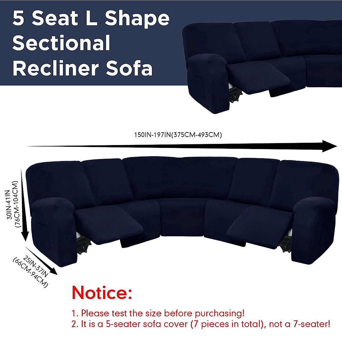Peryiter 7 Pcs L Shape Sectional Recliner Sofa Covers 5 Seat Sectional Couch Covers Milk Silk Velvet Stretch Reclining Sofa Slipcover Furniture Protector for Living Room(Navy Blue,Milk Silk)