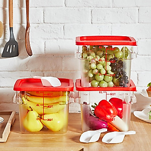 Hsei 6 Sets 6 Quart Commercial Food Storage Containers with Lids and 6 Pcs Plastic Ice Scoop for Freezer Flour Sugar Baking Bread Dog Food Restaurant Kitchen Square(Red)