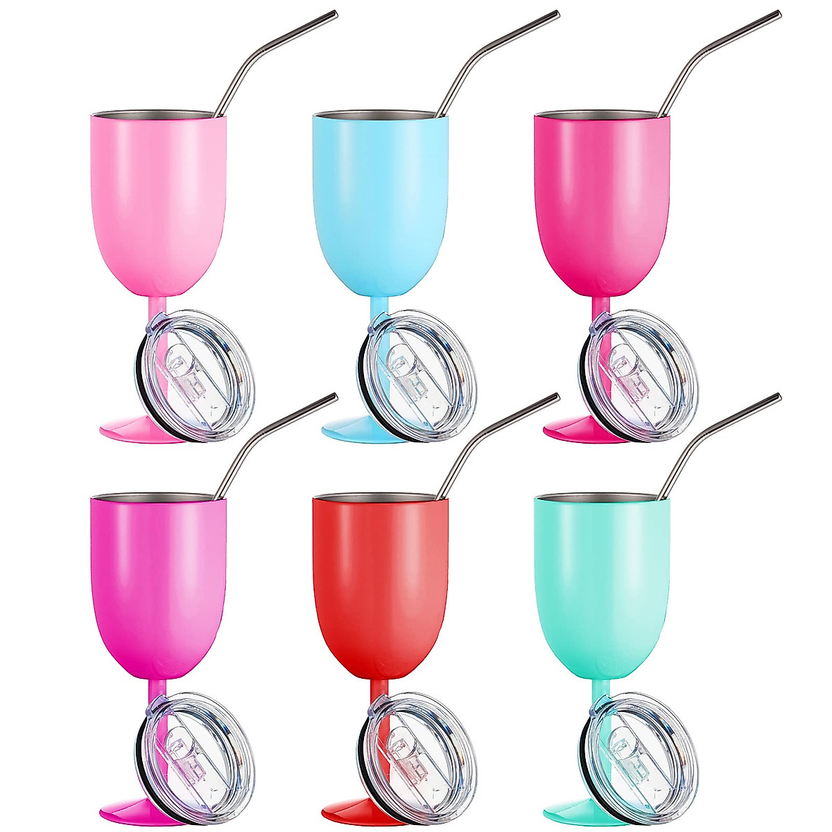 Gerrii 6 Pcs Stainless Steel Wine Glasses Cups Stemmed Double Walled Vacuum Insulated Wine Tumbler with Lid and Straw for Camping Picnics Travel, Birthday Gifts for Friendship Friends Dad Mom