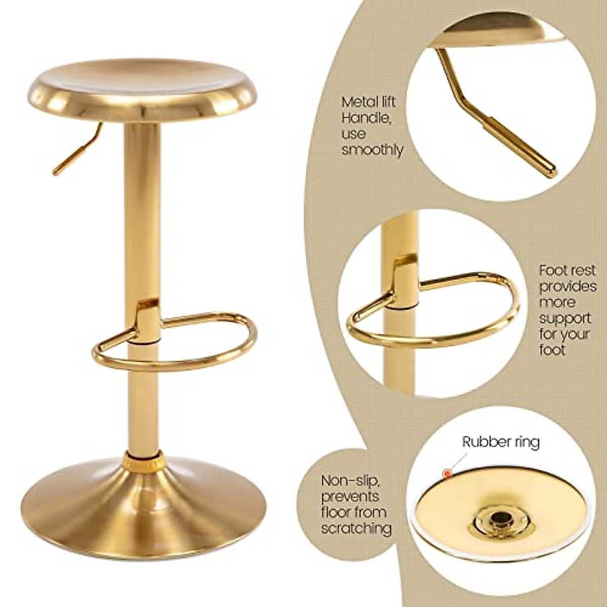 Brage Living Adjustable Bar Stool, Swivel Round Metal Airlift Barstool, Backless Counter Height Bar Chair for Kitchen Dining Room Pub Cafe (Gold)