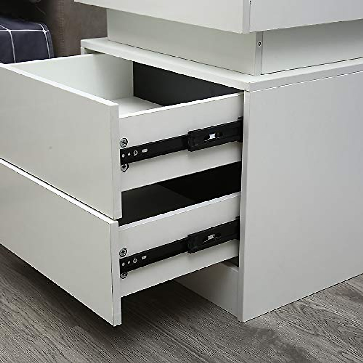 Modern LED End Table & Nightstand for Bedroom - Night Table with Built in Multi-Colour LED High Gloss Backlight - Bedside Cabinet with 2 Drawers for Living Room- Particle Board (White)