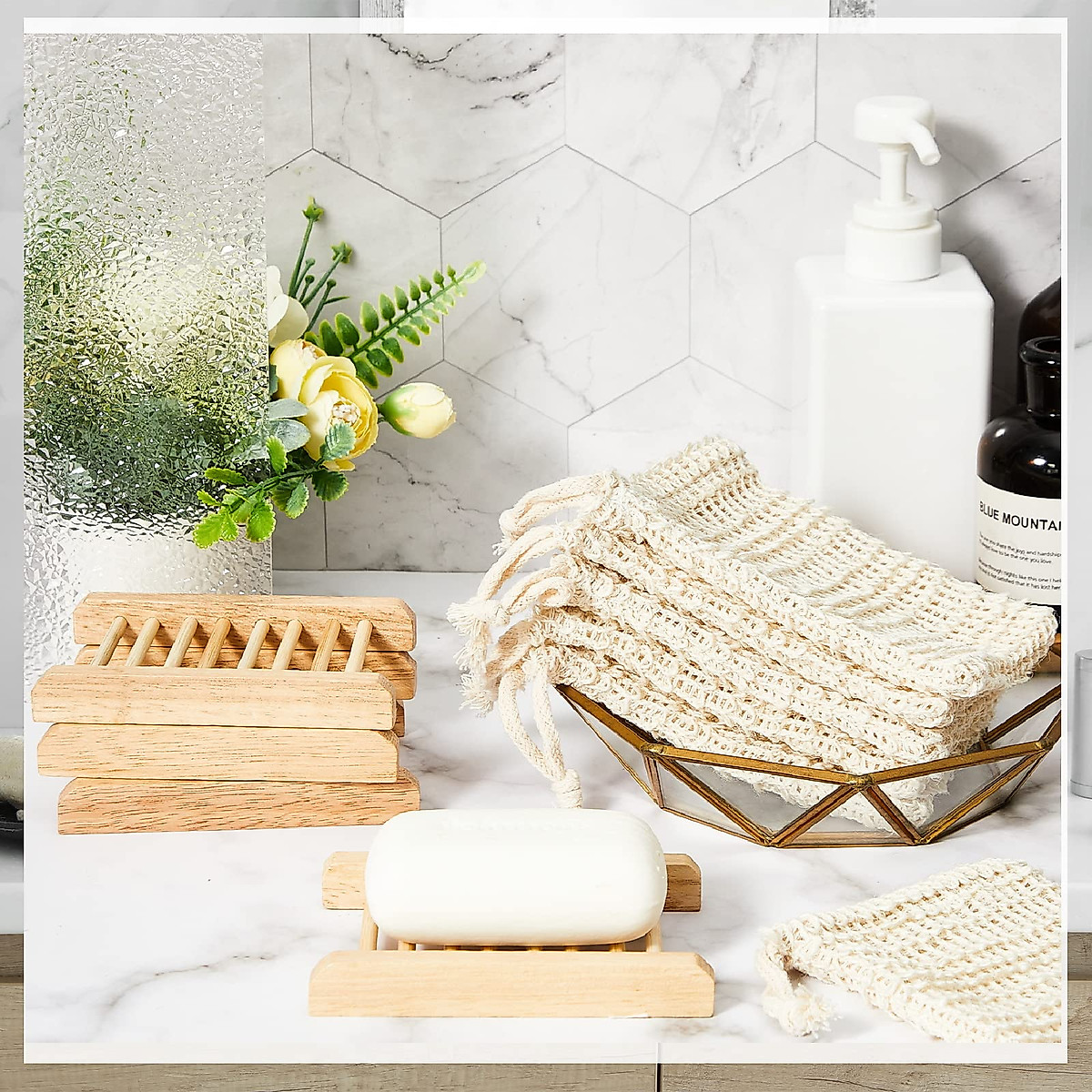 40 Pack Soap Exfoliating Bag Holder Set with 30 Pieces Mesh Sisal Soap Saver Bag Pouch and 10 Pieces Bamboo Wood Holder for Bath and Shower Use