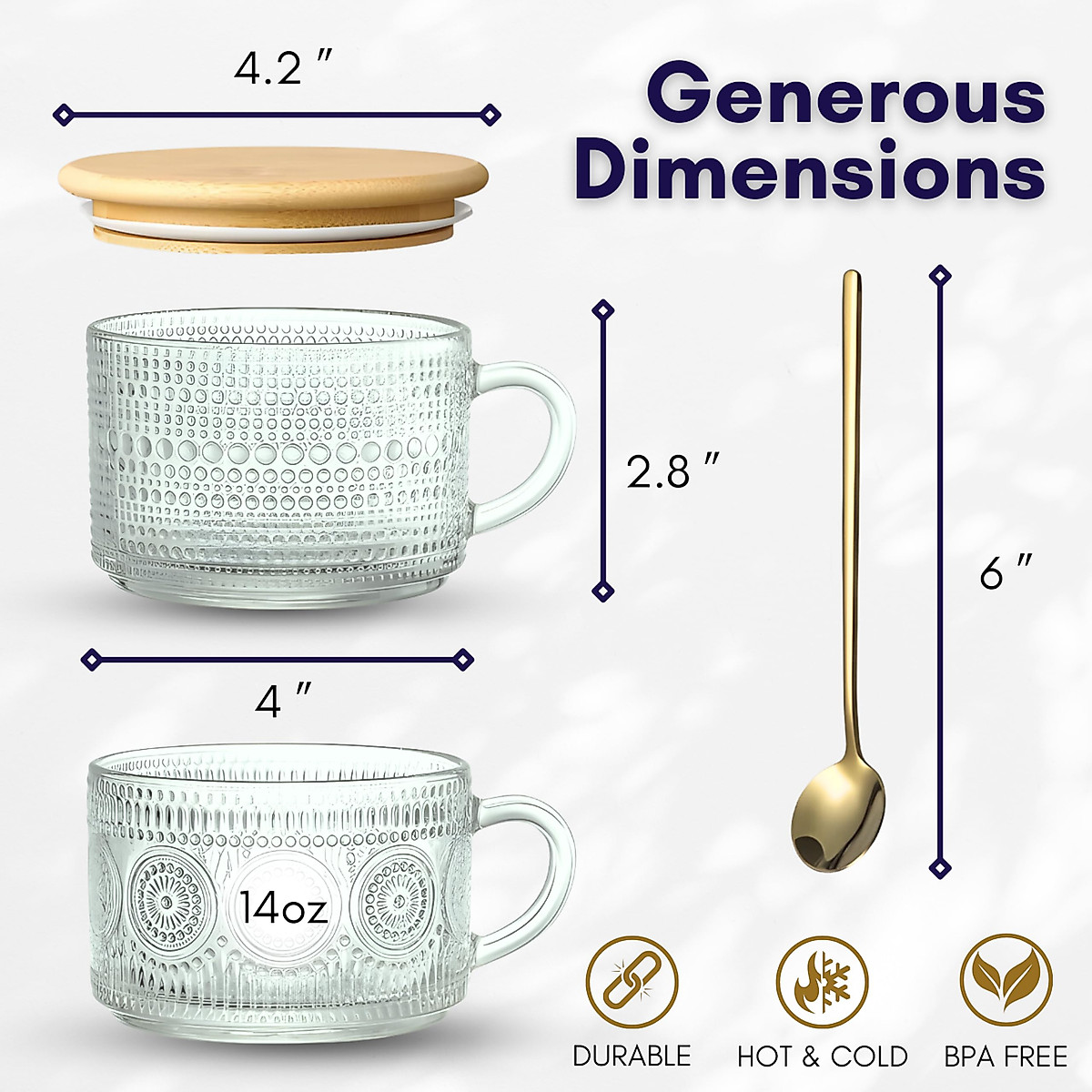 Scoozee Vintage Glass Coffee Mugs (4Pcs, 14oz), Overnight Oats Containers with Lids and Spoons, Clear Embossed Glass Cups | Coffee Bar Accessories, Gifts for Women, White Elephant Gifts