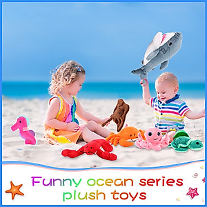 Zomiboo 18 Inch Plush Great White Shark with 7 Pcs of Soft Stuffed Sea Animals Include Manta Ray, Seahorse, Crab, Clown Fish, Turtle, Octopus and Lobster, Gift for Friend Kids