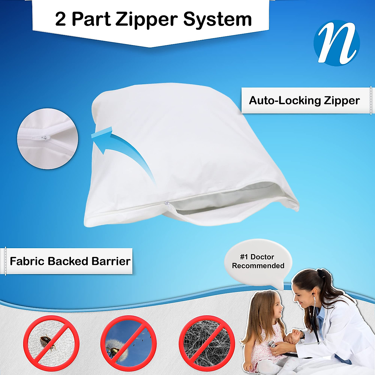 National Allergy Premium 100% Cotton Zippered Pillow Protector - Queen Size - White - 300 Thread Count - Hypoallergenic Bed Pillowcase with Zipper - Breathable Encasement Cover