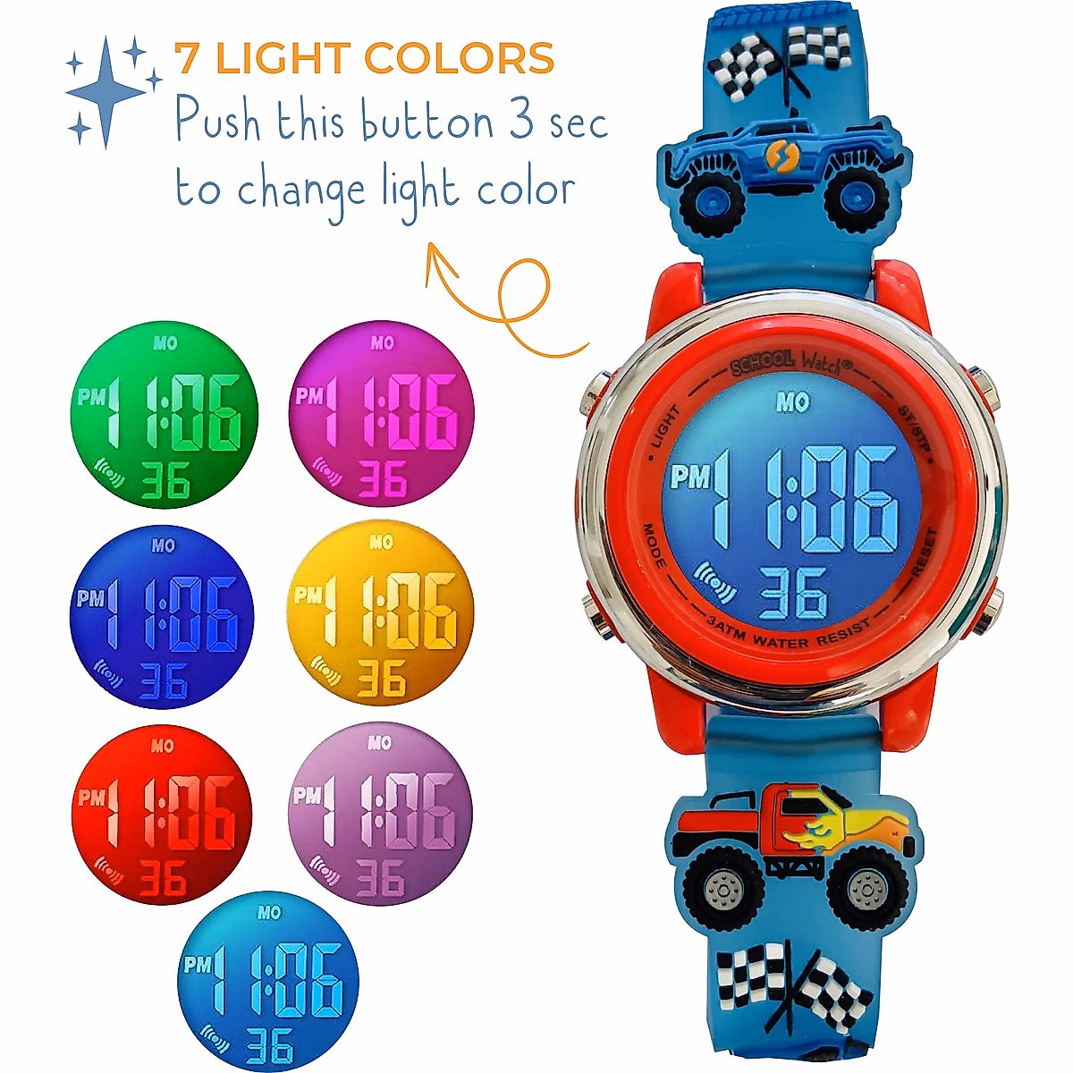Monster Truck 3D Digital Light Up Watch for Boys, Kids, Children, Kids - Waterproof - School Watch