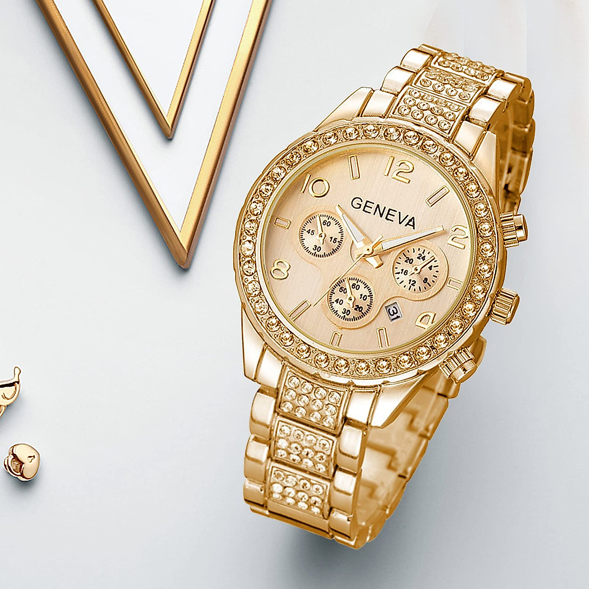 Unisex Diamond Watches Luxury Men and Women Calendar Quartz Clock Rose Gold Silver Stainless Steel Watch (Gold)