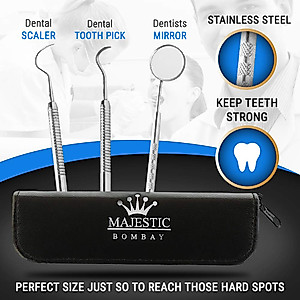 Dental Hygiene Tool Kit - Includes Stainless Steel Tarter Scraper/Scaling Remover, Dental Toothpick, Mouth Mirror - by Majestic Bombay- Dentists Tools Set is Ideal for Personal Use & Pet Friendly