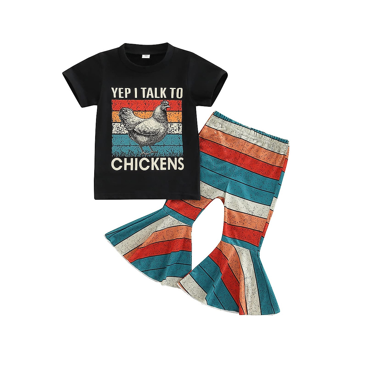 HnuanLui Toddler Baby Girl Bell Bottom Outfit YEP I TALK TO CHICKENS Letter Print T Shirt Rainbow Flare Pants Farmer Clothes (I talk to chickens, 3-4 Years)