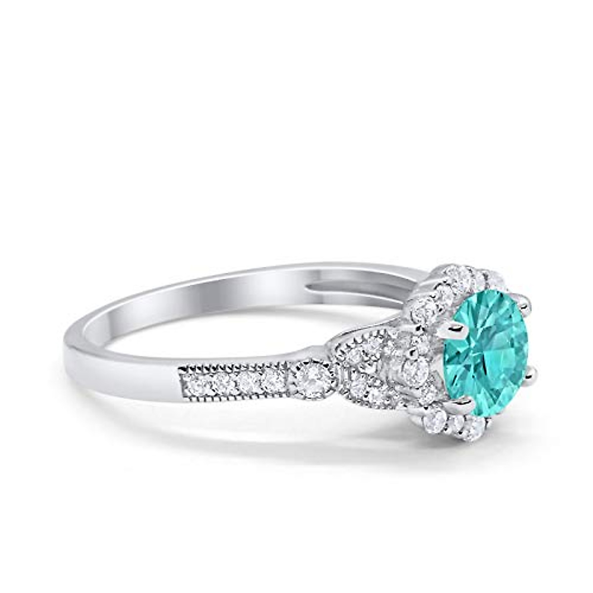 Blue Apple Co. Simulated Paraiba Tourmaline CZ Size-8 Floral Art Deco Halo Engagement Wedding Ring Round Simulated Cubic Zirconia 925 Sterling Silver